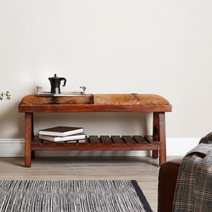 Cow Goats Hide Leather Brown Wood Bench Seat | Designer Hallway UK