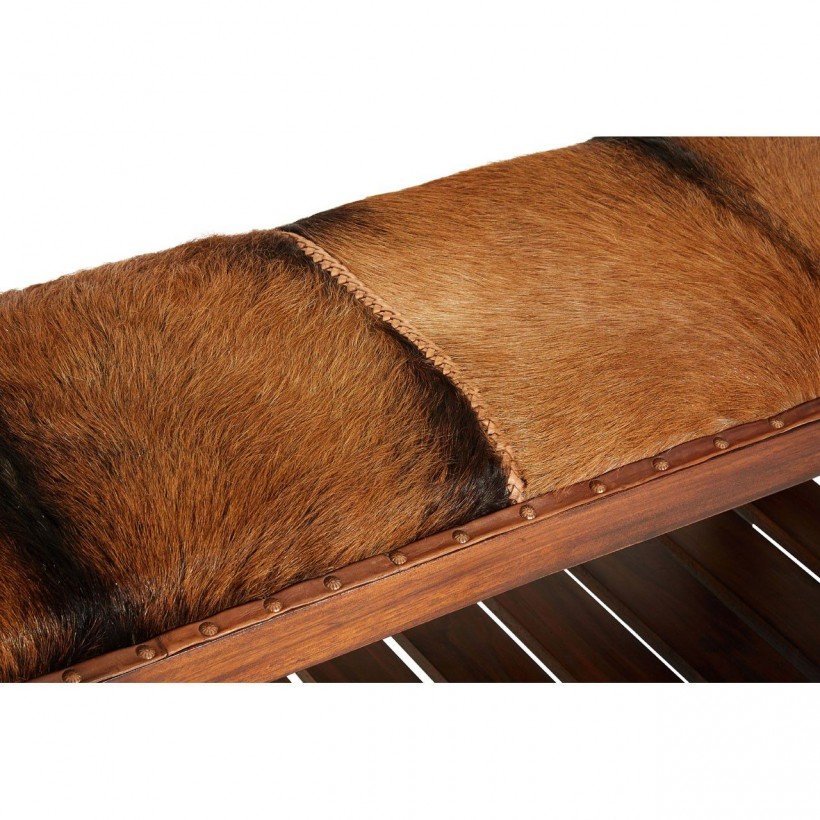 Cow Goats Hide Leather Brown Wood Bench Seat | Designer Hallway UK ...