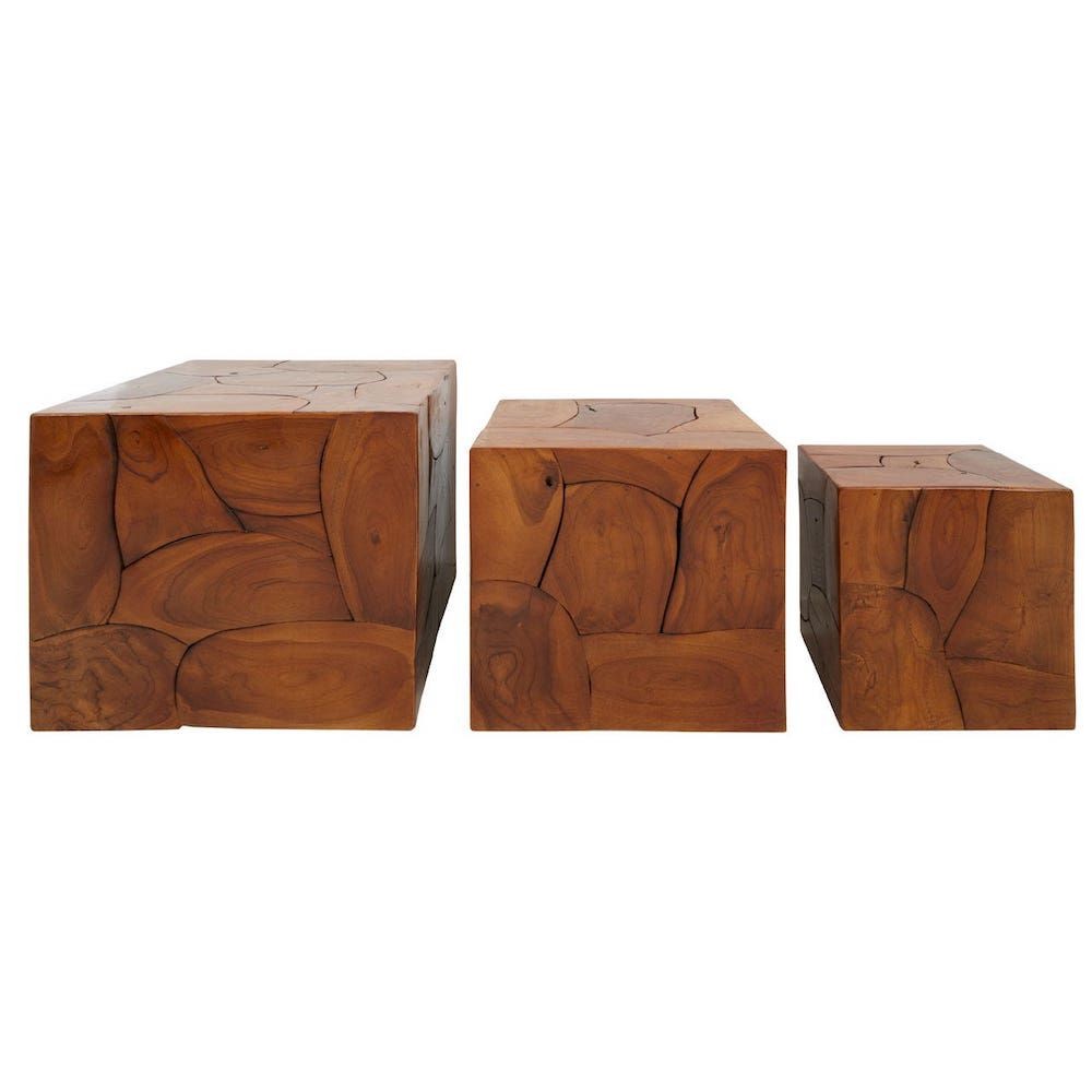 Set Of 3 Organic Cuboid Stools - Teak Root Beauty - Smithers Of Stamford UK