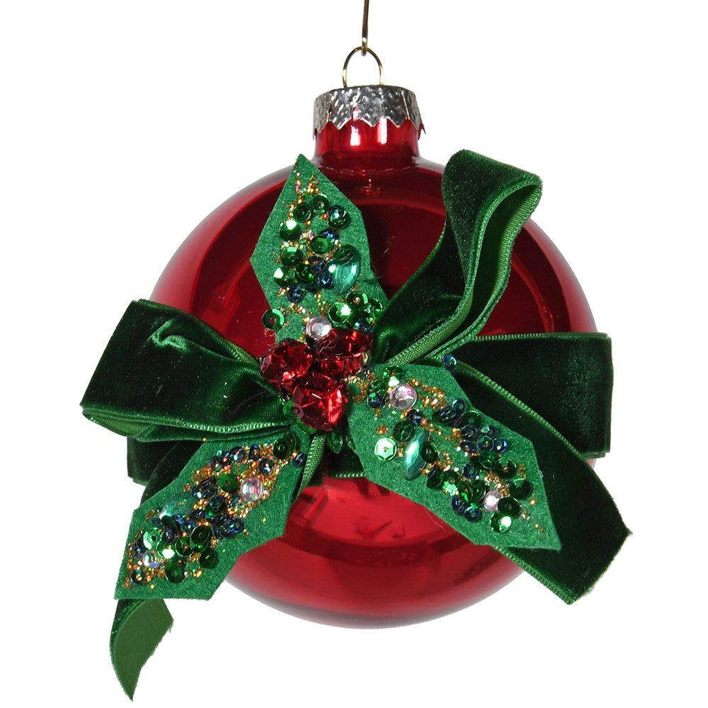 Red Bauble with Green Holly Ribbon