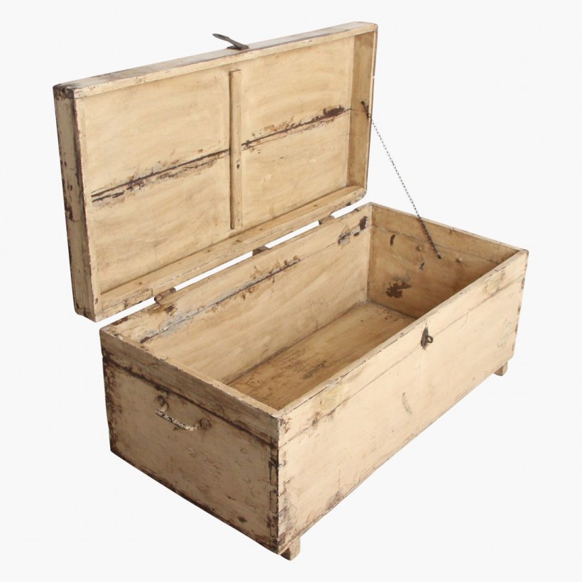 Antique Cream White Painted Teak Wood Storage Trunk Chest - UK