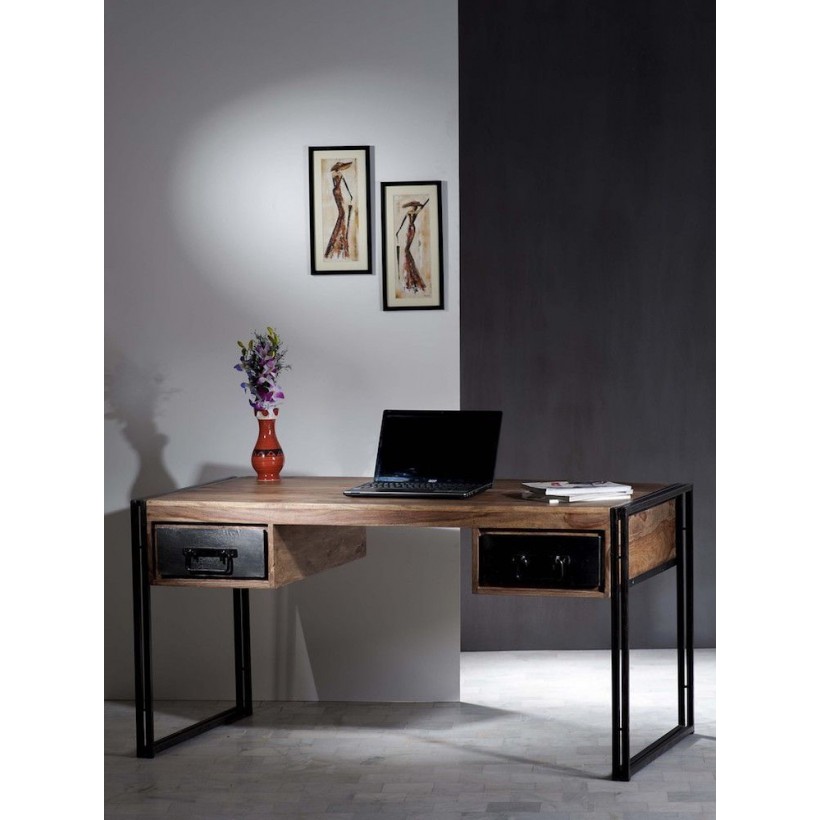 Minimal Industrial Style Desk Made Solid Wood & Steel Metal